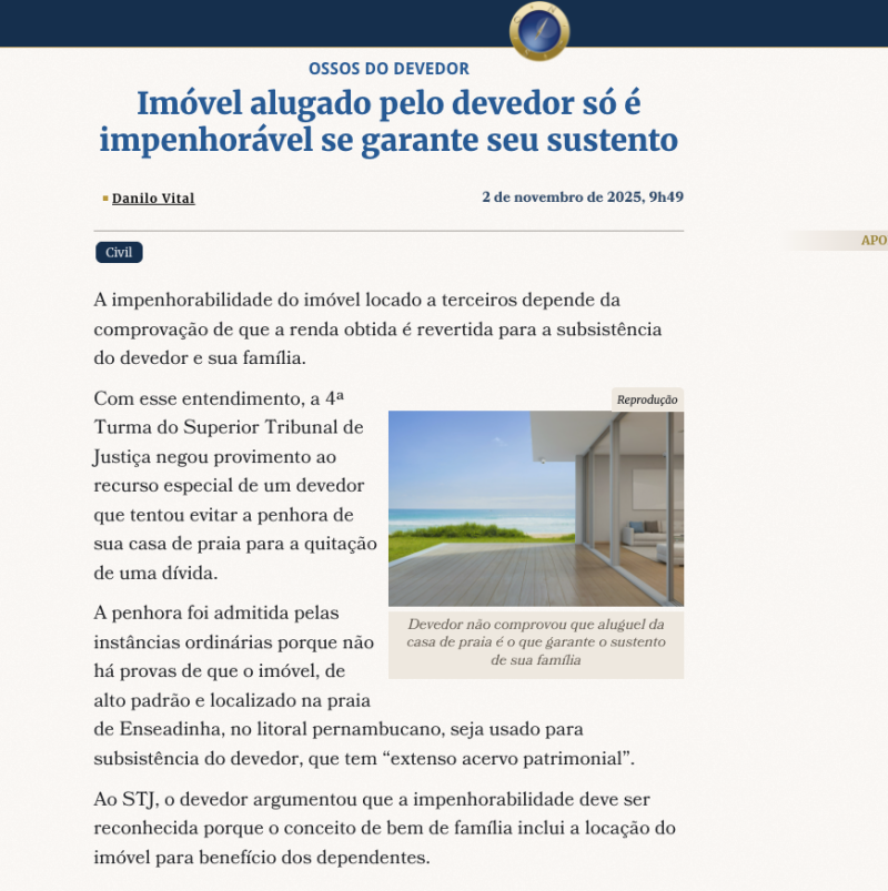 Impenhorabilidade de imóvel alugado: sustento do devedor